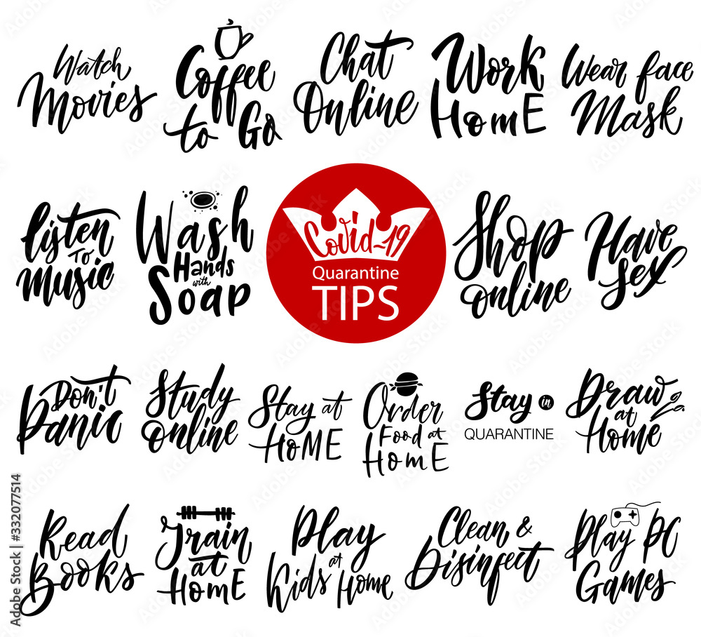 Set of hand lettering with quarantine and coronavirus tips. Different ...