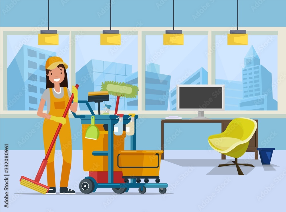Professional Office Cleaner Flat Cartoon Vector Illustration. Janitor ...
