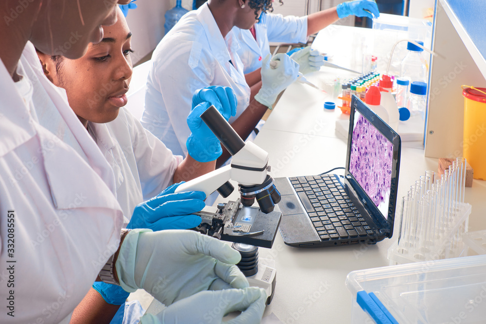 African female tech, scientists white coat and gloves do pcr test, work ...