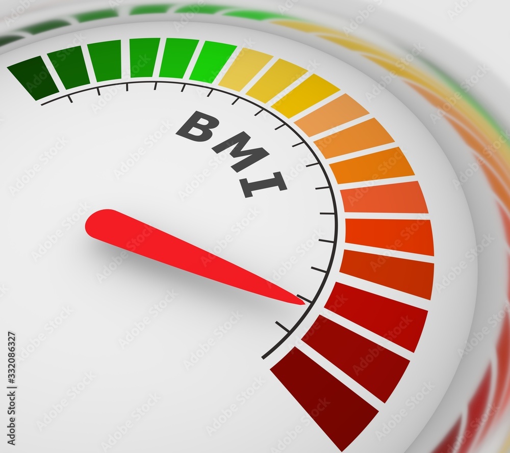 Body mass index meter read high level result. Color scale with arrow ...