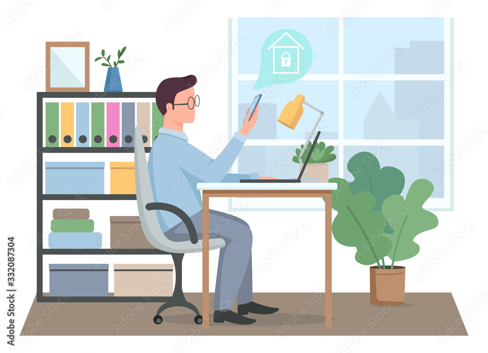 Guy controlling smart home security at work flat color vector faceless ...