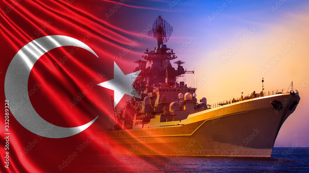 Warships of the world. Warship on the background of the Turkish flag ...
