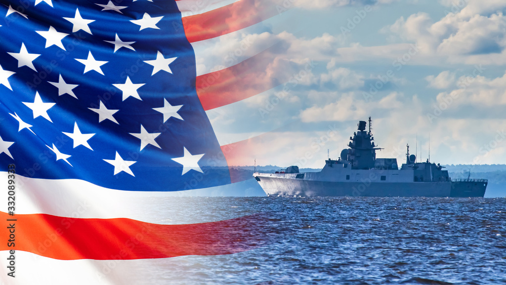 Combat duty of an American ship. A warship sails on the background of ...