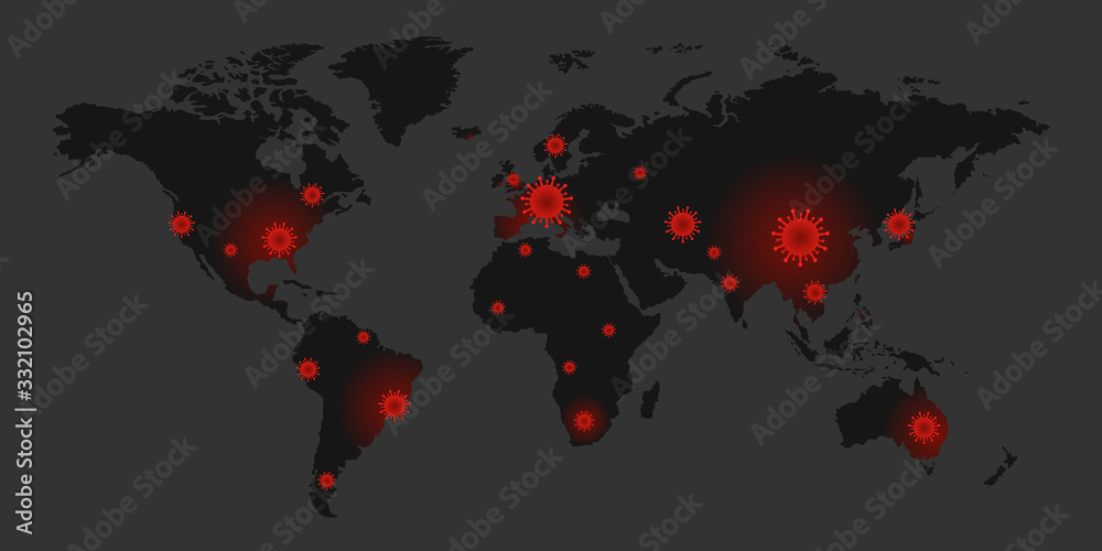 Coronavirus, COVID-19 and world map as global pandemic concept on dark ...
