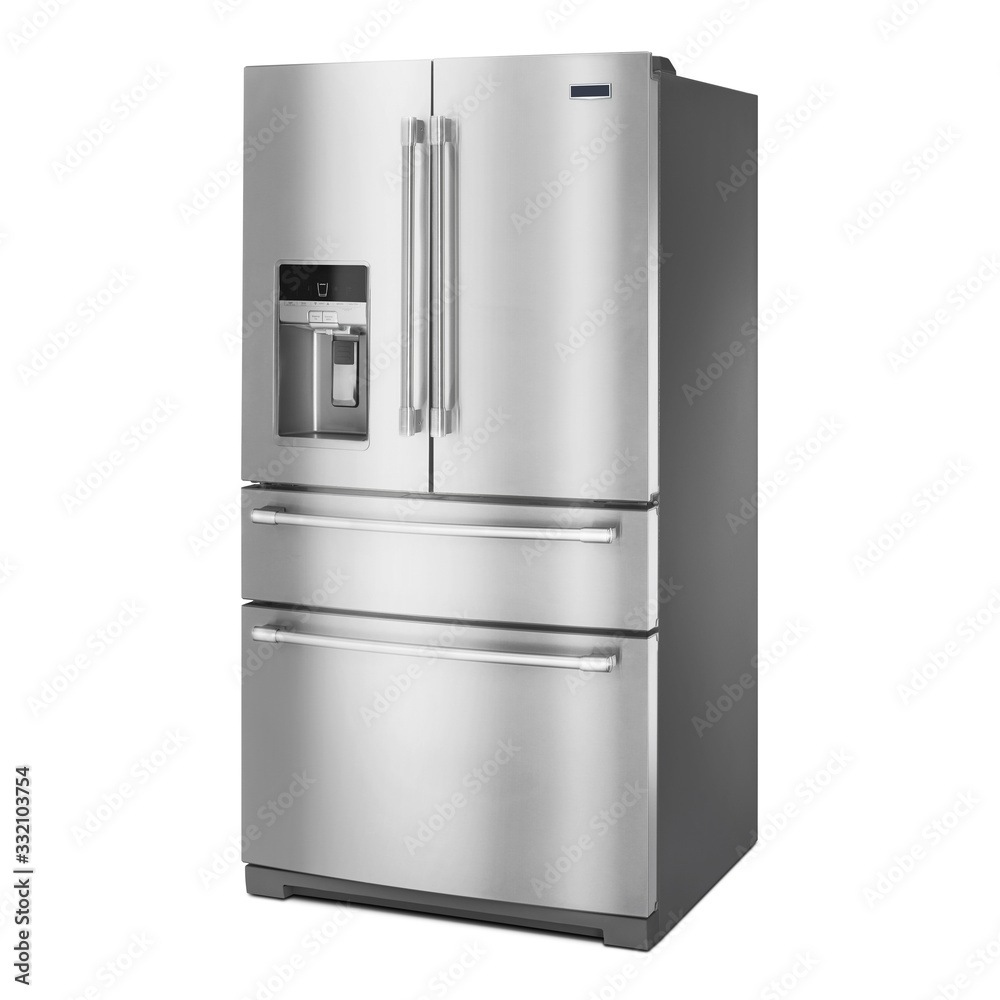 Refrigerator Isolated on White Background. Side View of Stainless Steel ...