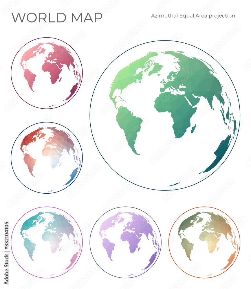 Low Poly World Map Set. Lambert azimuthal equal-area projection ...