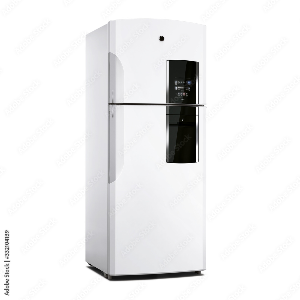 Double Door Refrigerator Isolated on White Background. Side View of ...