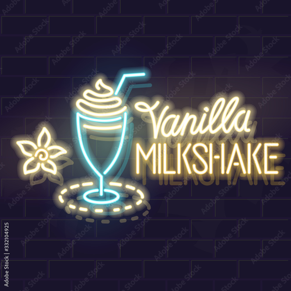 Neon vanilla milkshake typography and icon. Vector isolated neon ...