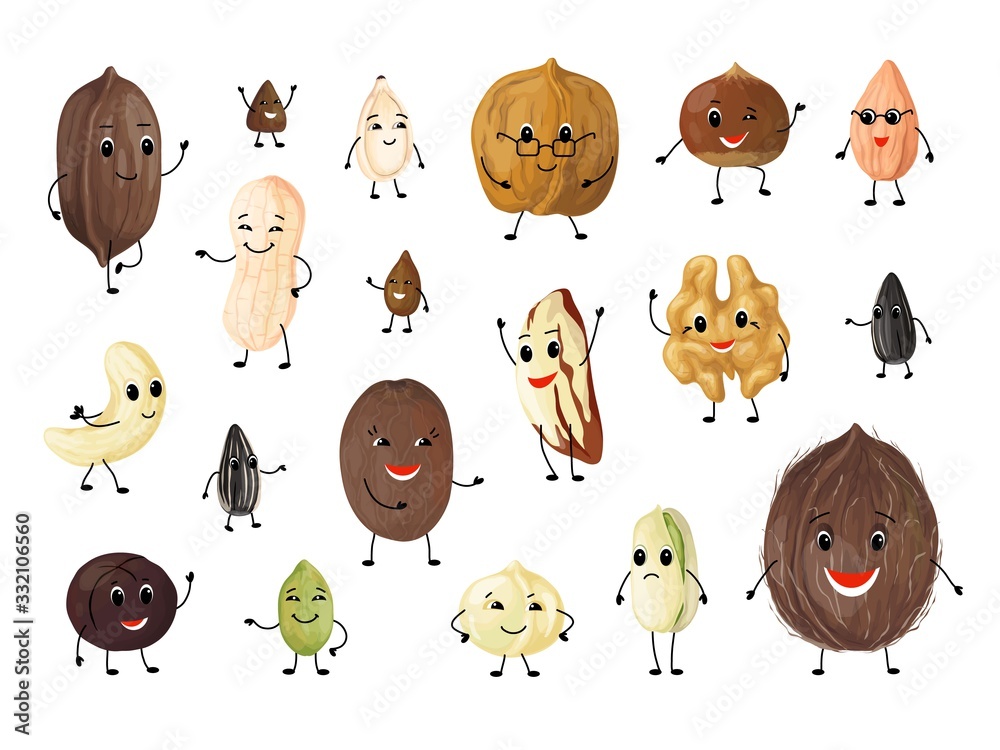 Nuts cartoon characters. Cute mascot persons for kids illustration ...