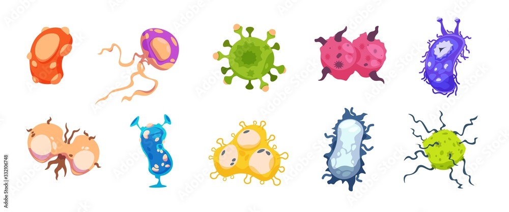 Cartoon virus. Germs bacterias and flu infection cells, sickness ...