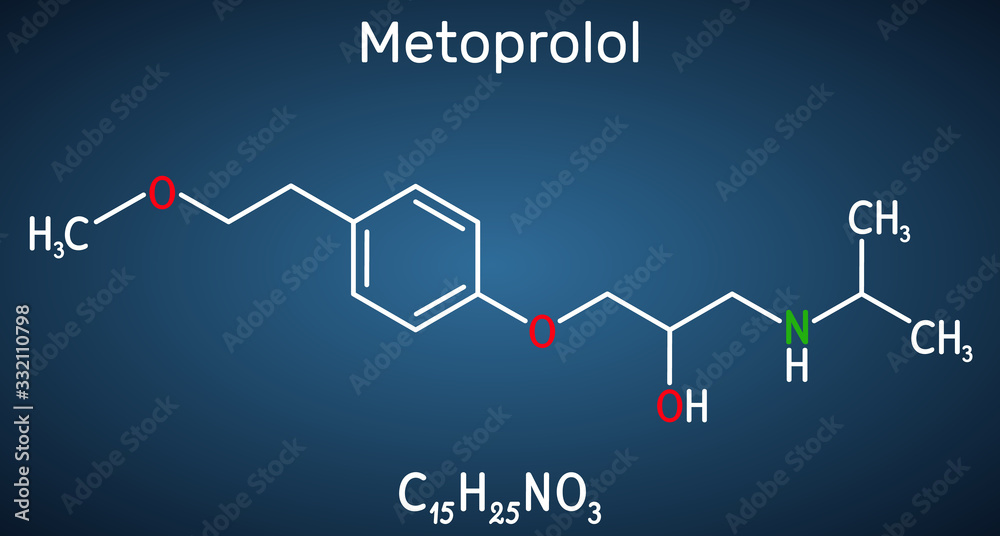 Metoprolol, C15H25NO3 molecule. It is used in the treatment of ...