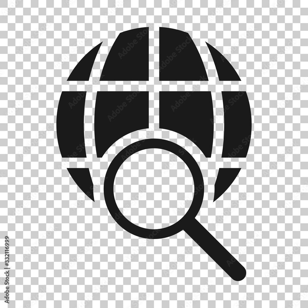 Globe search icon in flat style. Network navigation vector illustration ...