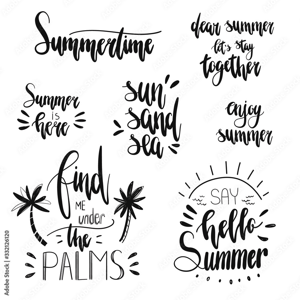 Vector hand-drawn black-white set with summer lettering on a white ...