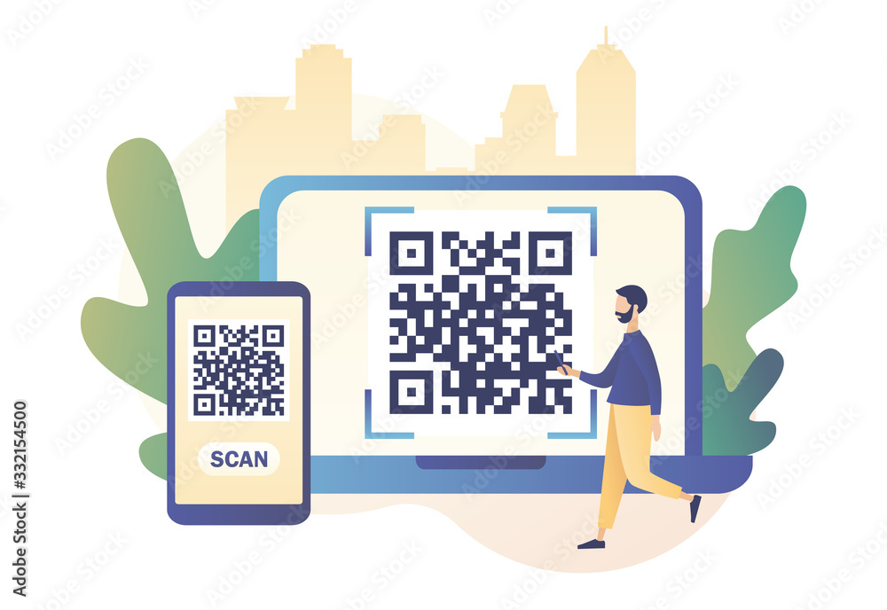 QR Code scanning concept. Tiny male scan code using smartphone and ...
