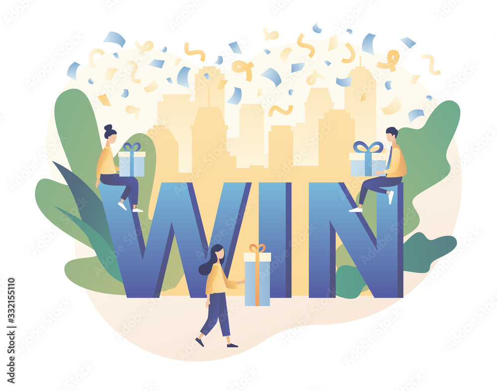 WIN text on falling down confetti background. Congrats winner. You Win ...