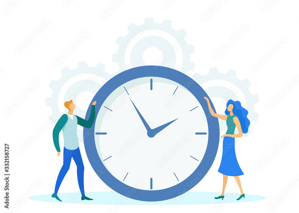 Woman and Man Standing near Huge Clock Flat Cartoon Vector Illustration ...