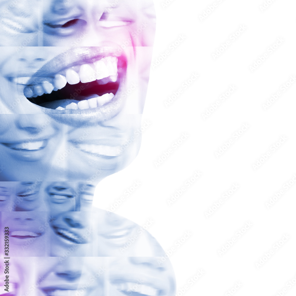 Double exposure of laughing people with great teeth and smiling blured ...