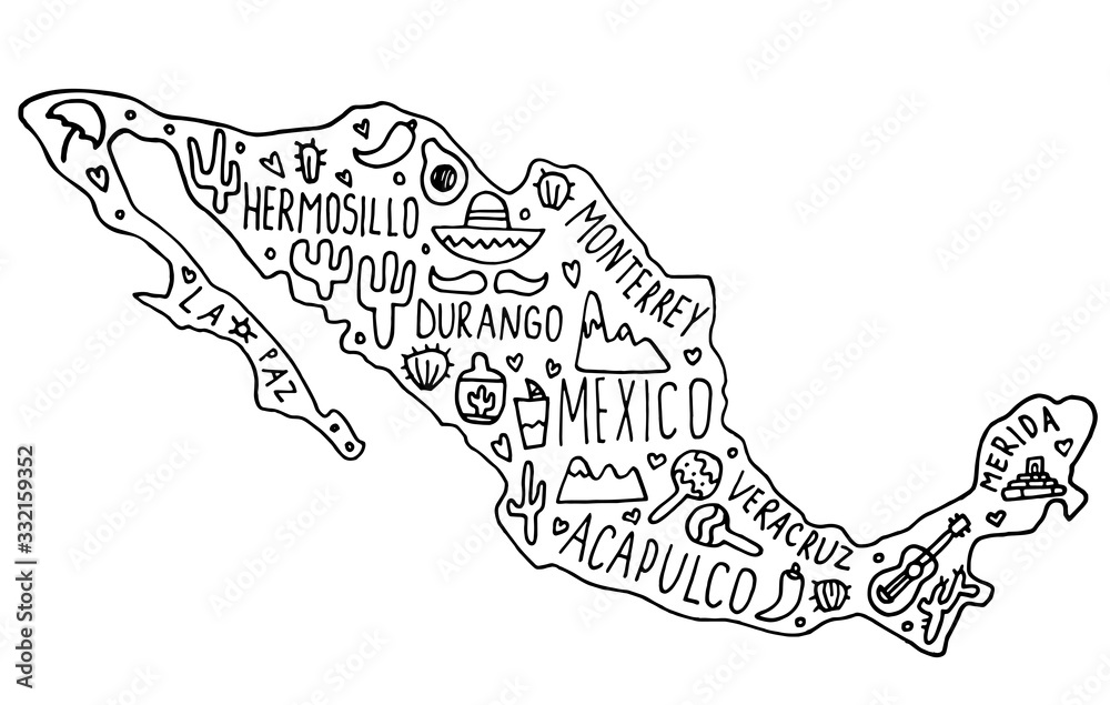 Hand drawn doodle Mexico map. Mexican city names lettering and cartoon ...