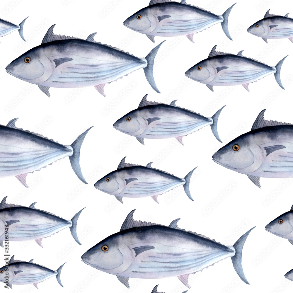 hand drawn watercolor seamless pattern of tuna skipjack fish for ...
