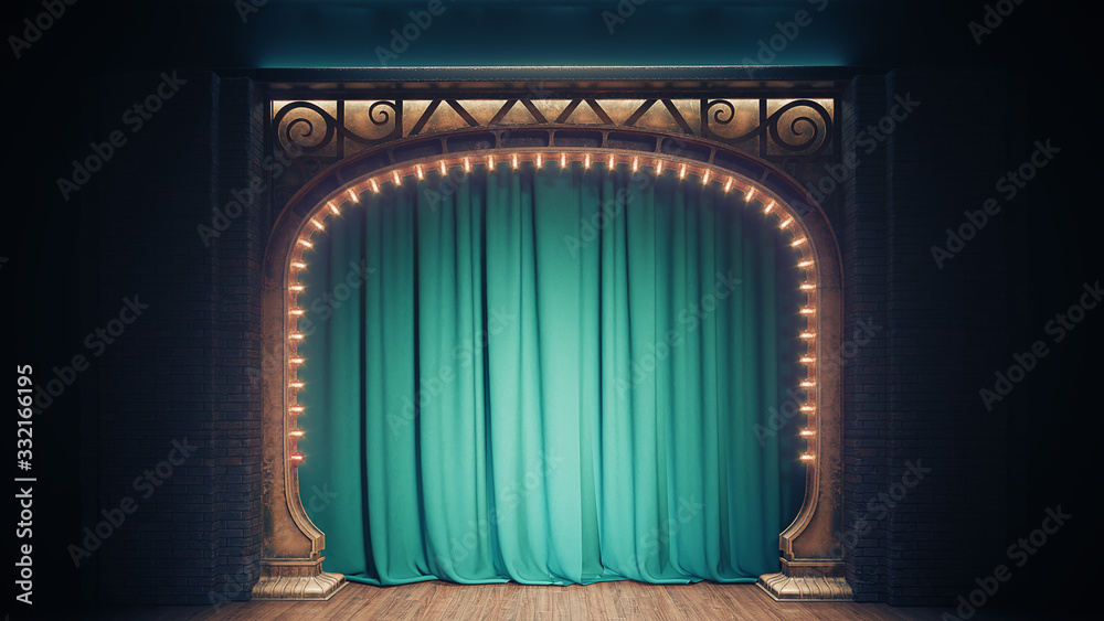 Dark empty cabaret or comedy club stage with green curtain and art ...