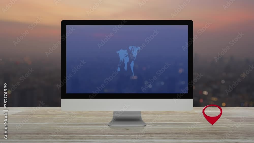 Map pin location button with connection line and world map on modern ...