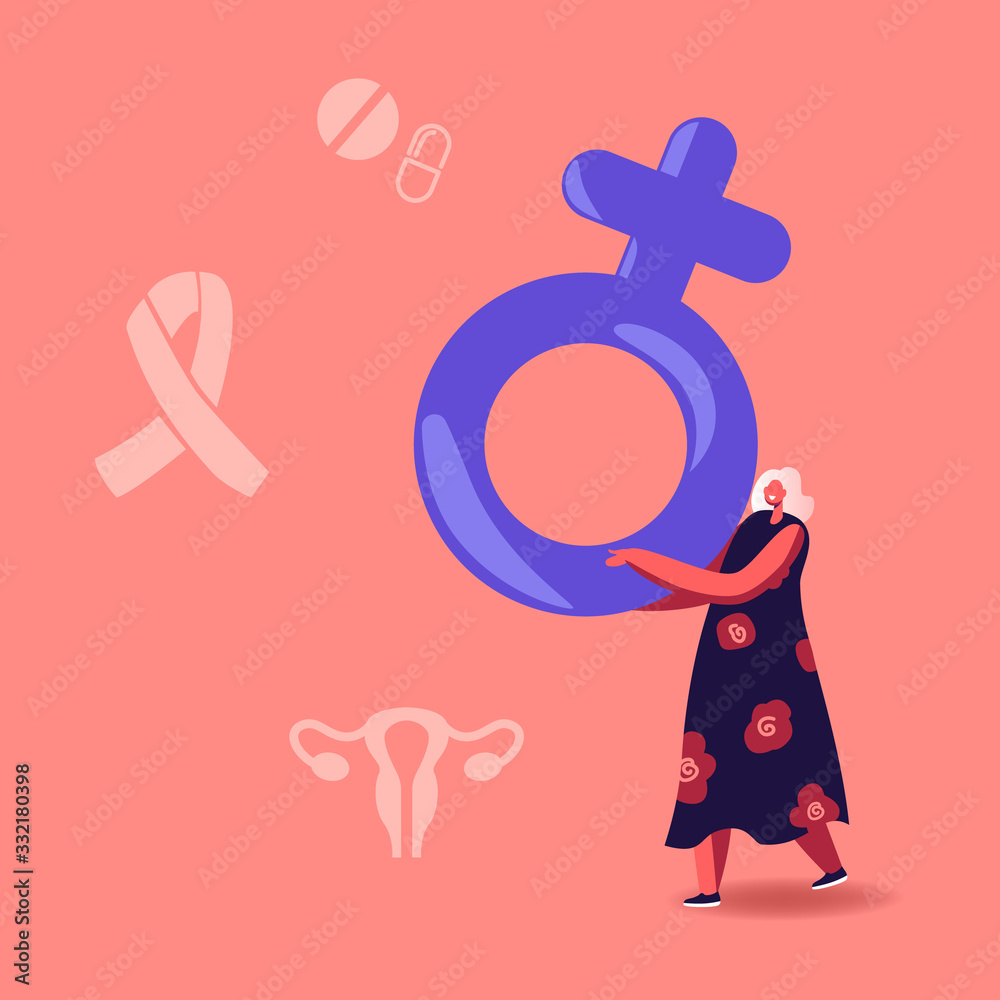 Tiny Female Character Holding Huge Venus Symbol in Hands. Estrogen and ...