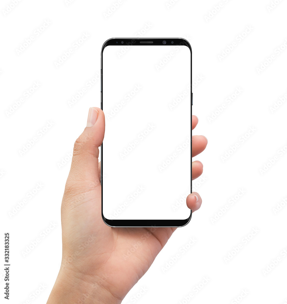 Isolated human left hand holding black mobile white screen smartphone ...