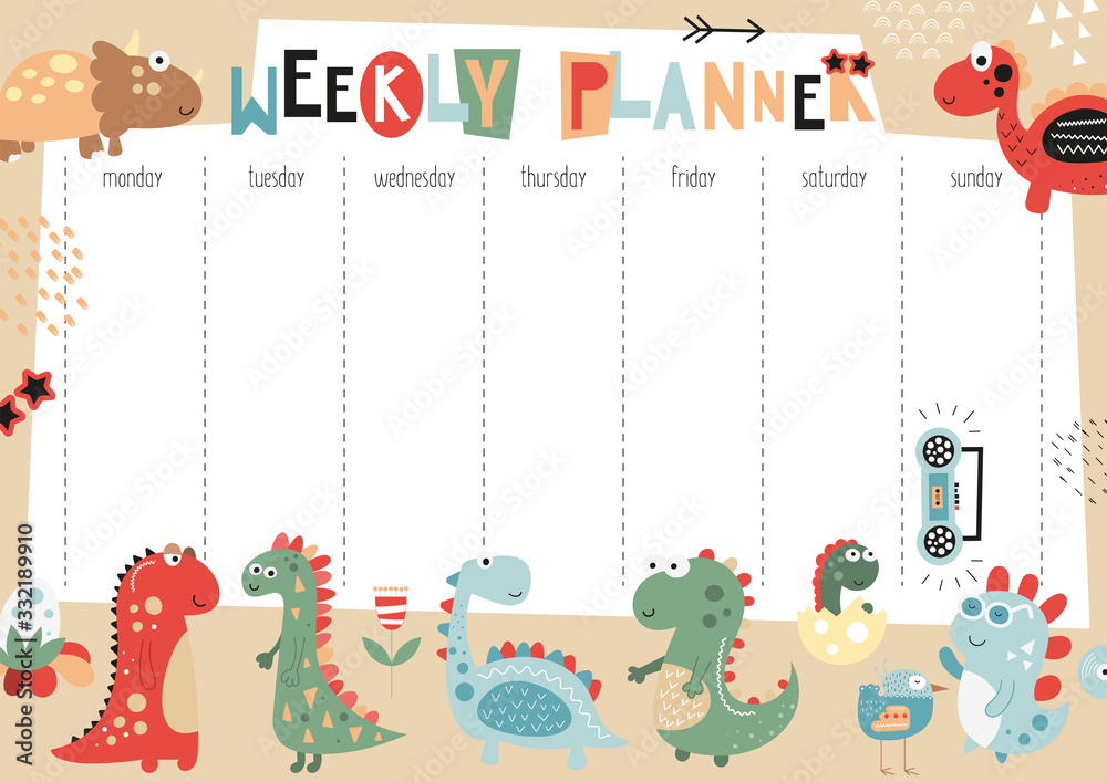 Weekly planner with cute dinosaurs in doodle cartoon style. Kids ...