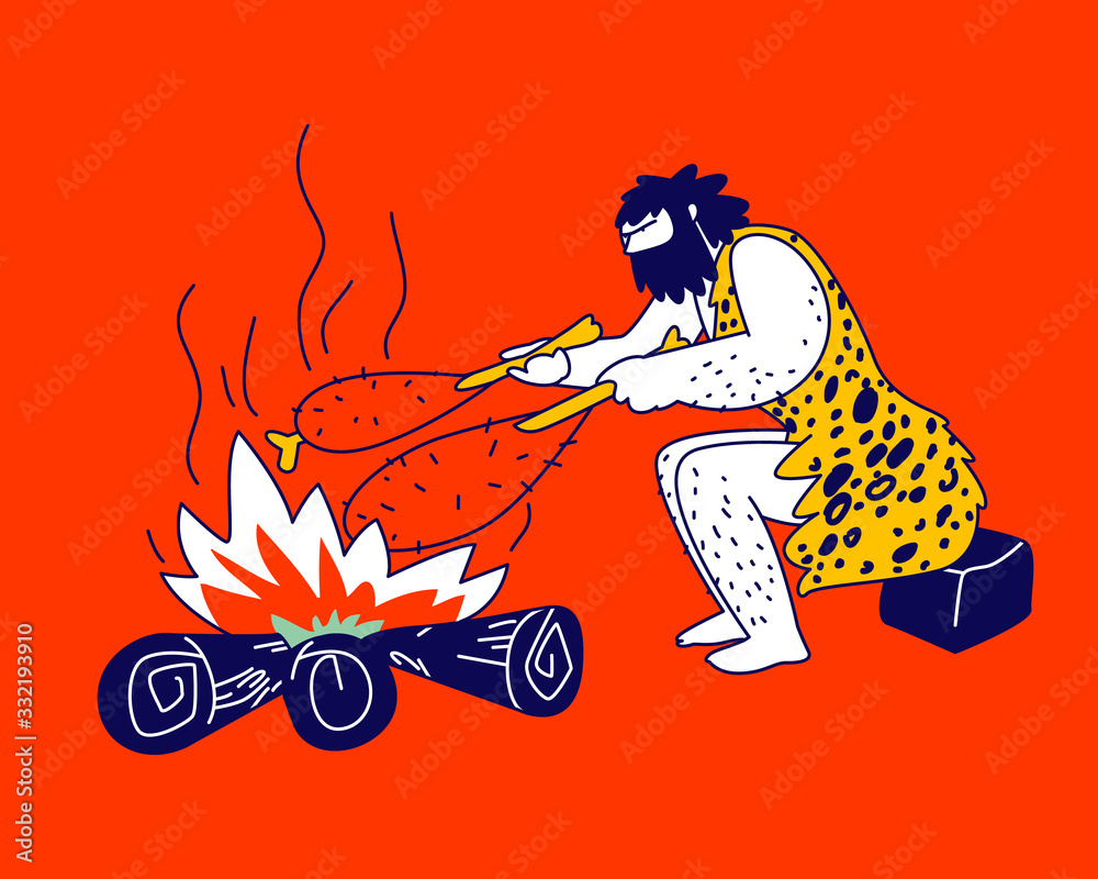 Caveman Character Frying Meat on Bonfire Sitting in Cave. Human ...