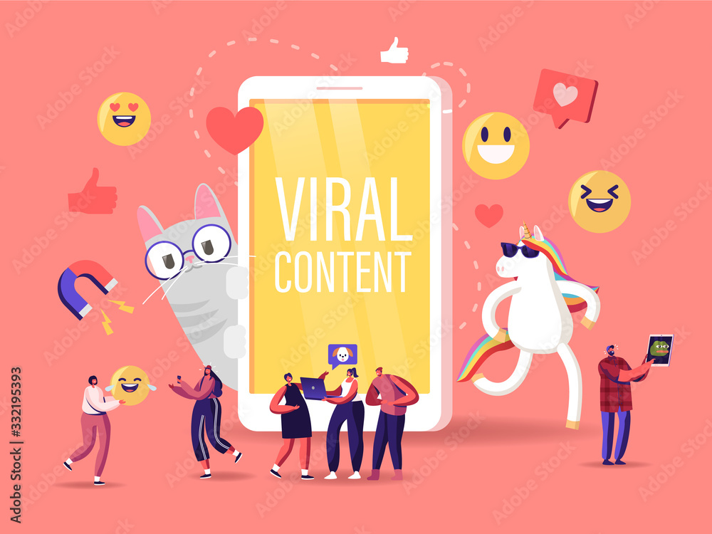 Viral Content Concept. Tiny Characters at Huge Mobile with Funny ...