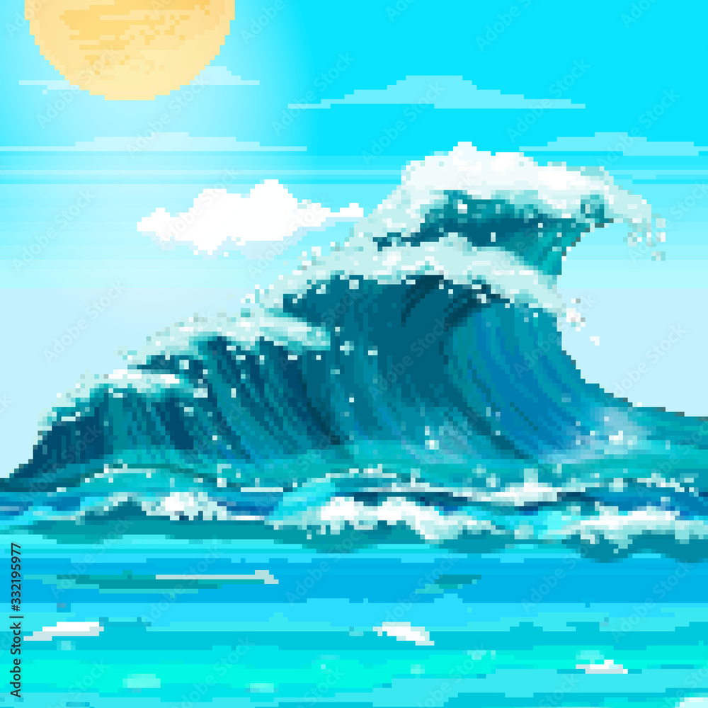 Pixel sea waves. Summer pixel art. 8 bit. Vector illustration in flat ...
