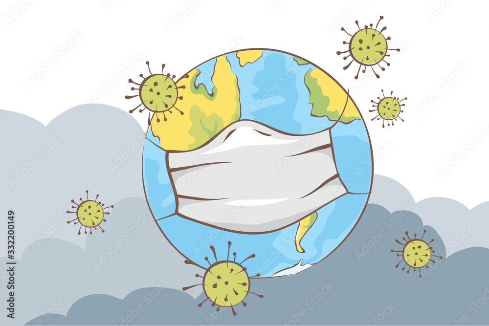 Planetary pandemic. Vector illustration, Earth in the mask of viruses ...
