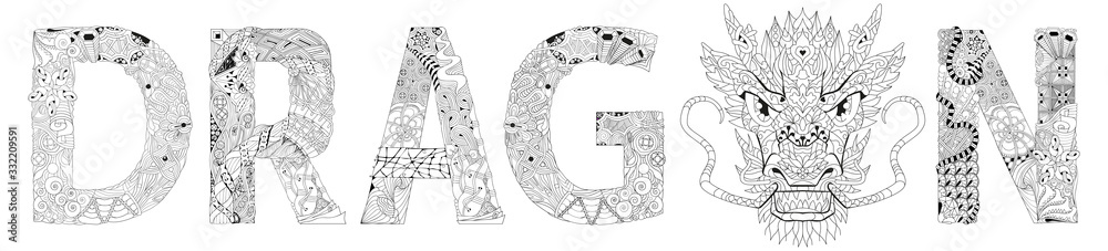Word DRAGON with dragon head for coloring. Vector zentangle object for ...