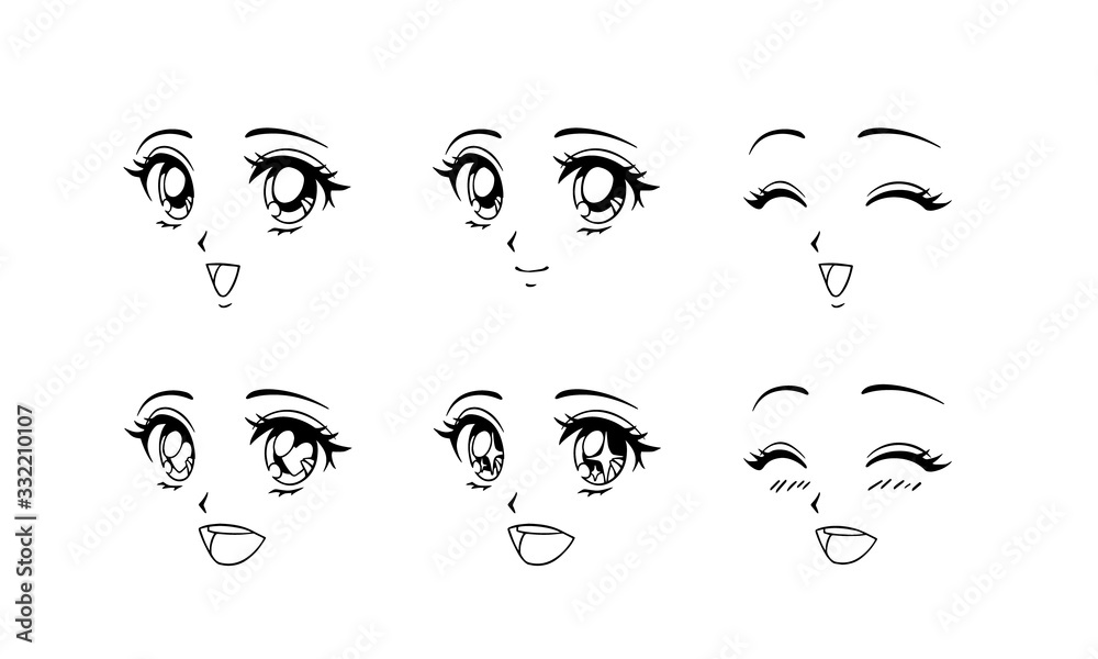 Set of happy anime faces. Hand drawn vector cartoon illustration. Stock ...