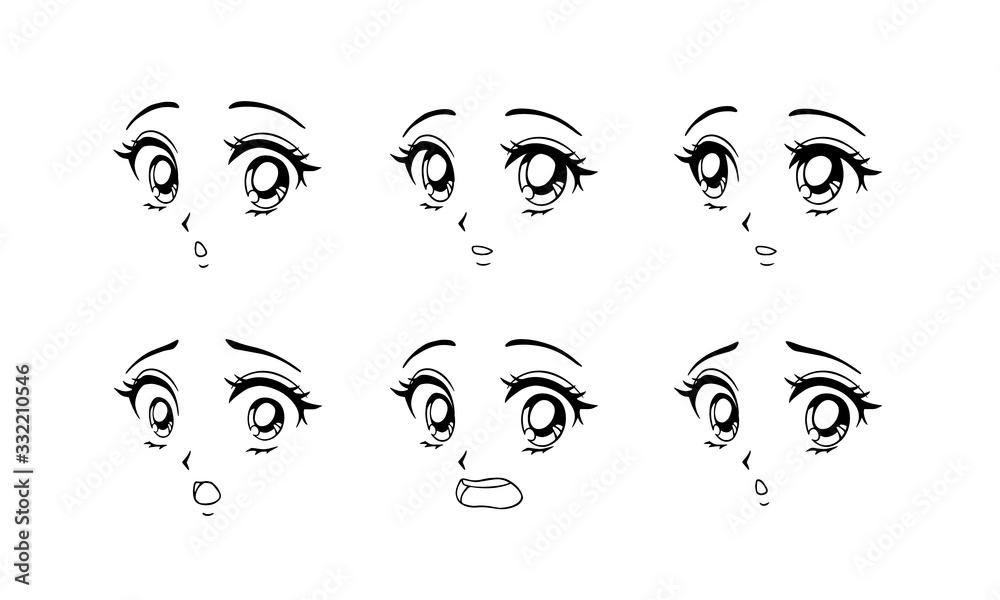 Set of surprised and scared anime faces. Hand drawn vector cartoon ...