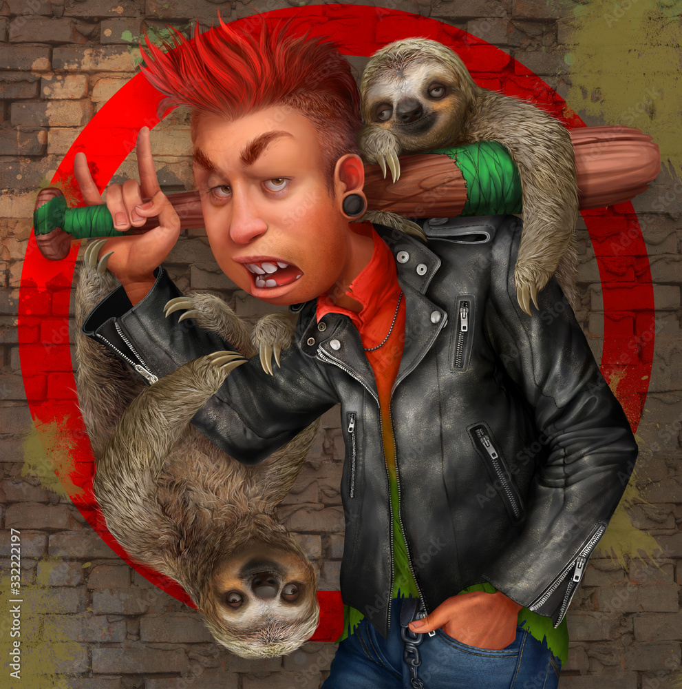 Punk and sloths against a brick wall. Photo on the shirt. Poster ...