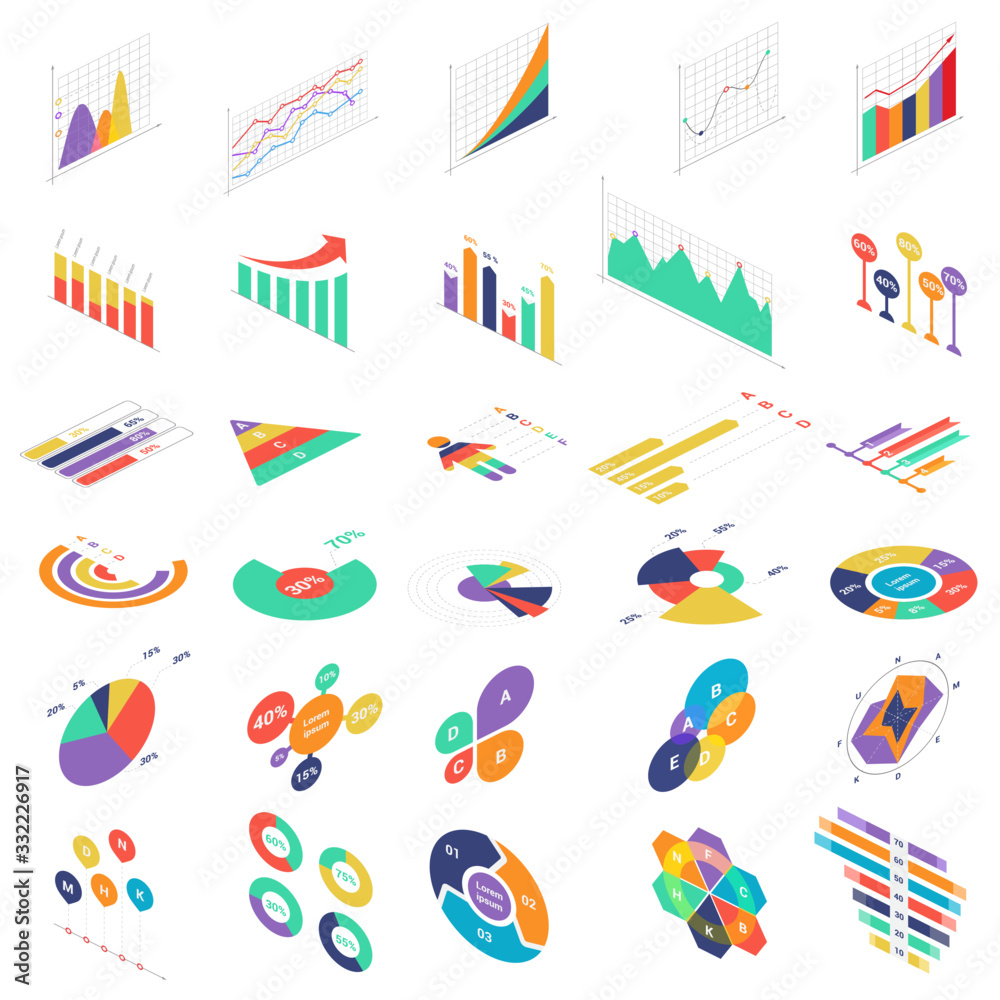 Flat 3d isometric infographic elements icons graph charts set for ...