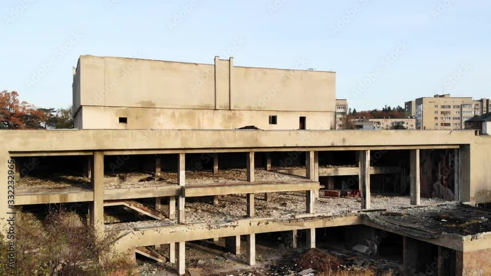 Ruined and abandoned building. Destroyed facility. Theme of decline and ...