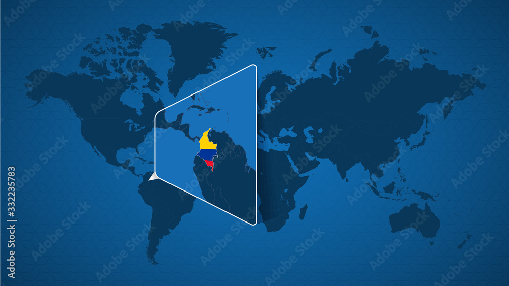 Detailed world map with pinned enlarged map of Colombia and neighboring ...