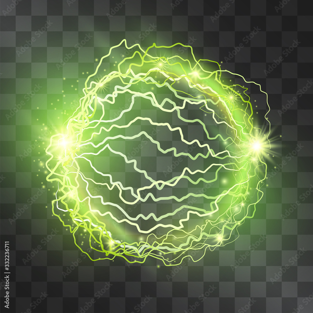 Vector green neon light effect sphere with lightnings. Magical glowing ...