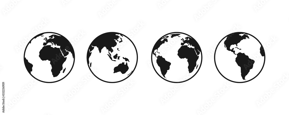 Earth globe icon set. earth hemispheres with continents. world map in ...