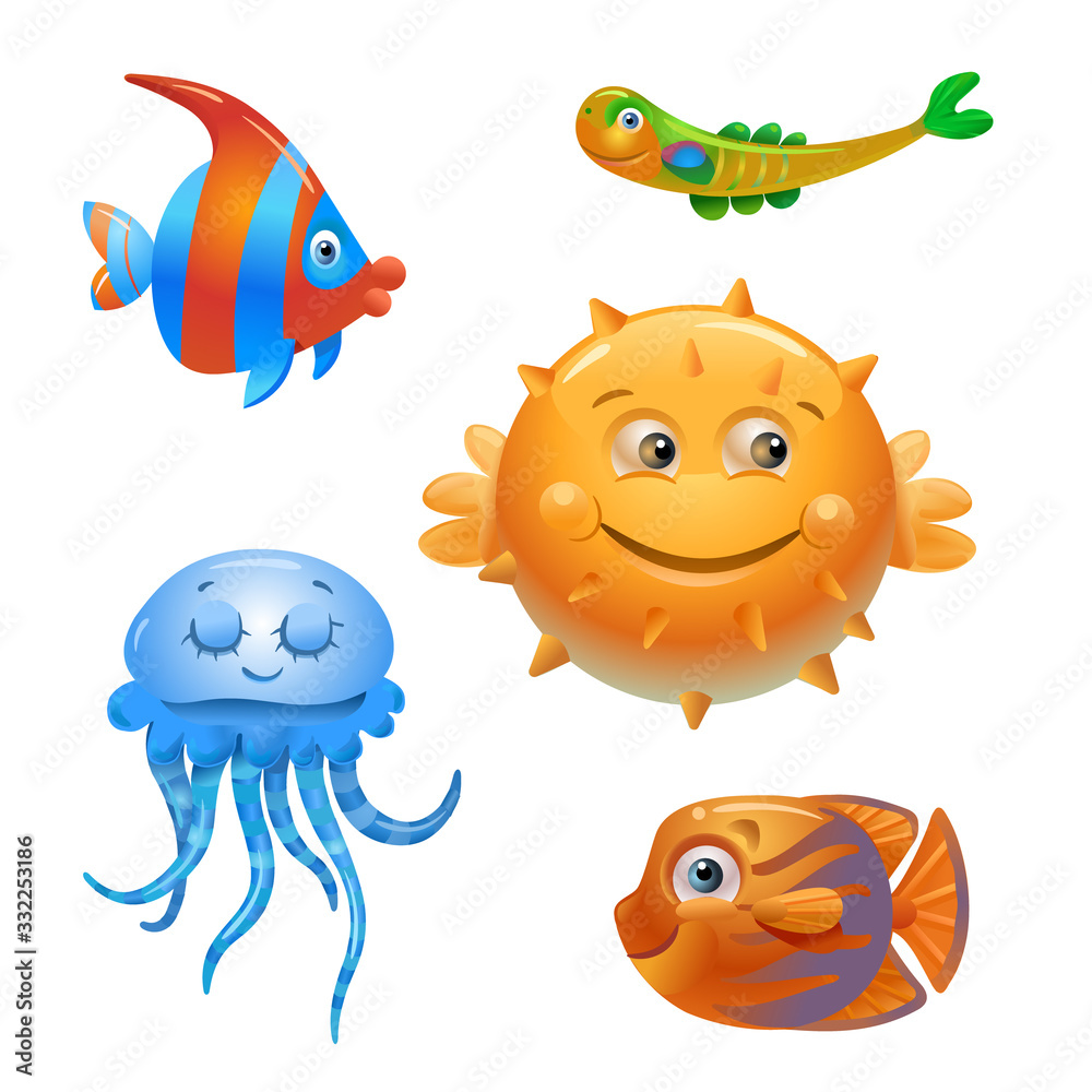 Vector fish on a white background. Cartoon fish characters. Isolated ...