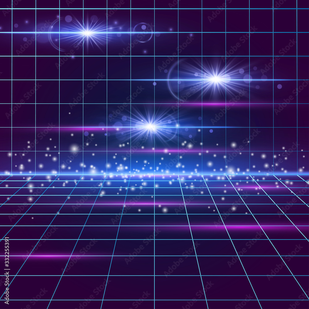 Disco floor, vintage dance background with neon illumination, lens ...