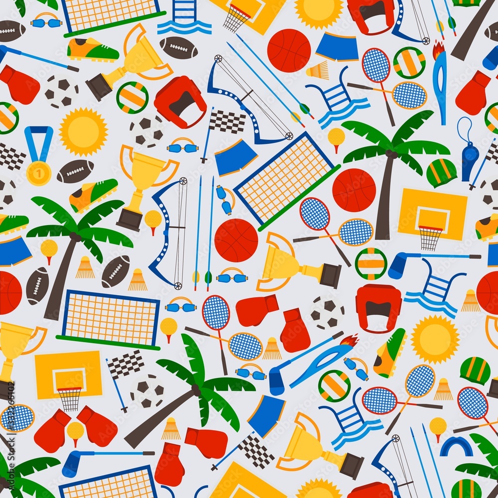 Seamless sport pattern, banner. World athletic flat equipment, skill ...