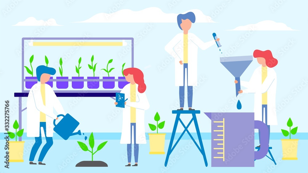Science laboratory with plants and people group men, women teamwork ...