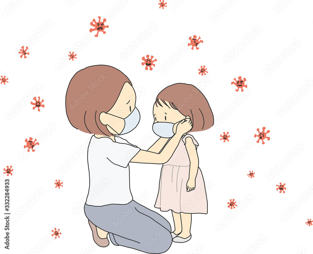 Vector illustration of family, mother and child wearing face mask ...