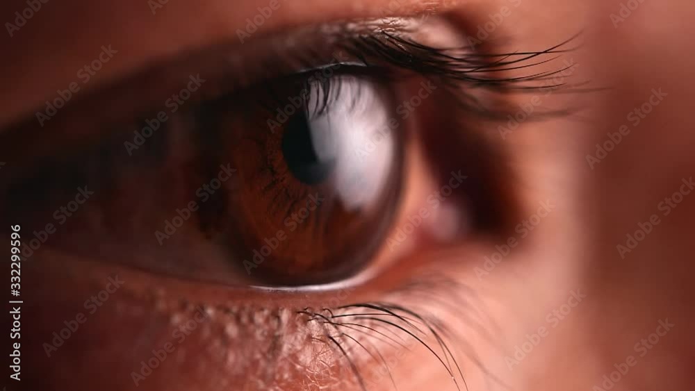 Close-up of brown eye blinking in Slow Motion. Young Woman is opening ...