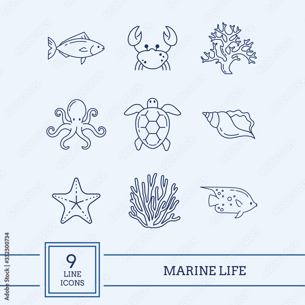 Marine Life Icons Set for Design. Linear Style Stock Vector | Adobe Stock