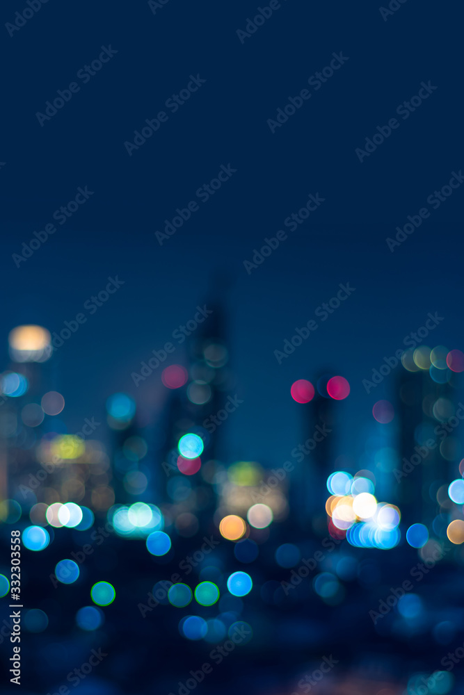 Vertical cover of blurred bokeh cityscape at twilight time, city ...