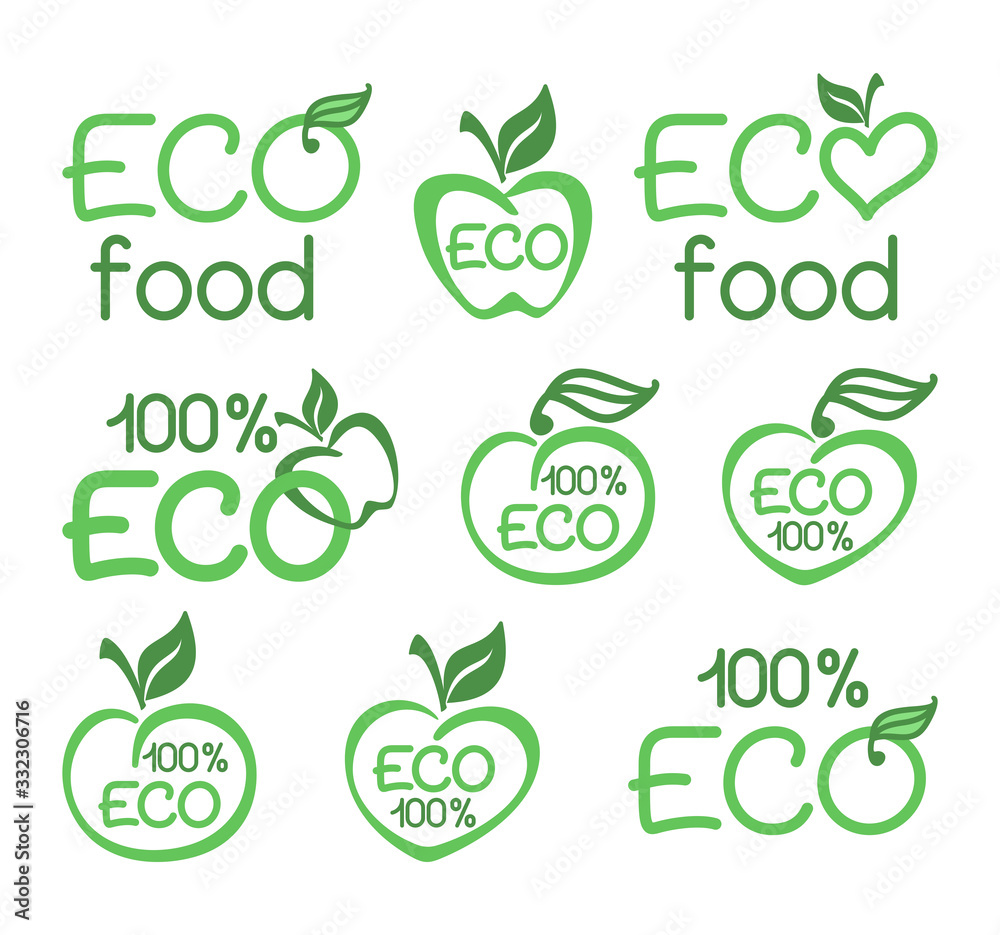 Set of Eco food icons, healthy food emblems, logo. Vector design ...